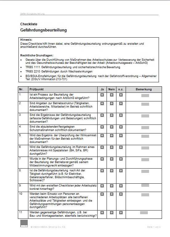 Checkliste Gefährdungsbeurteilung
